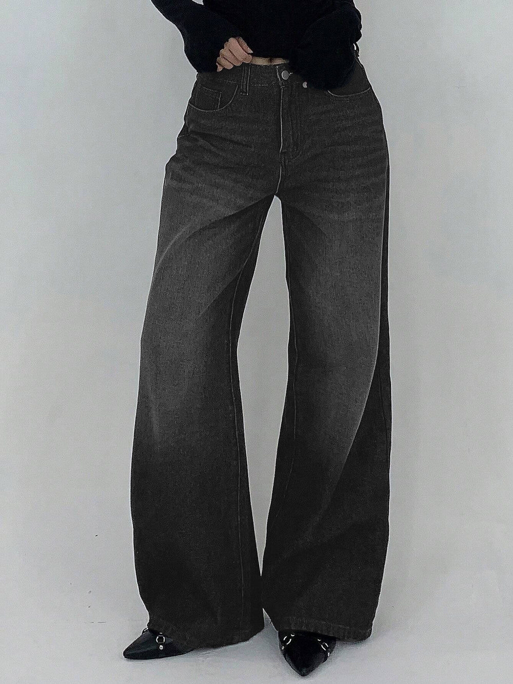Space Black Washed Wide Leg Jeans
