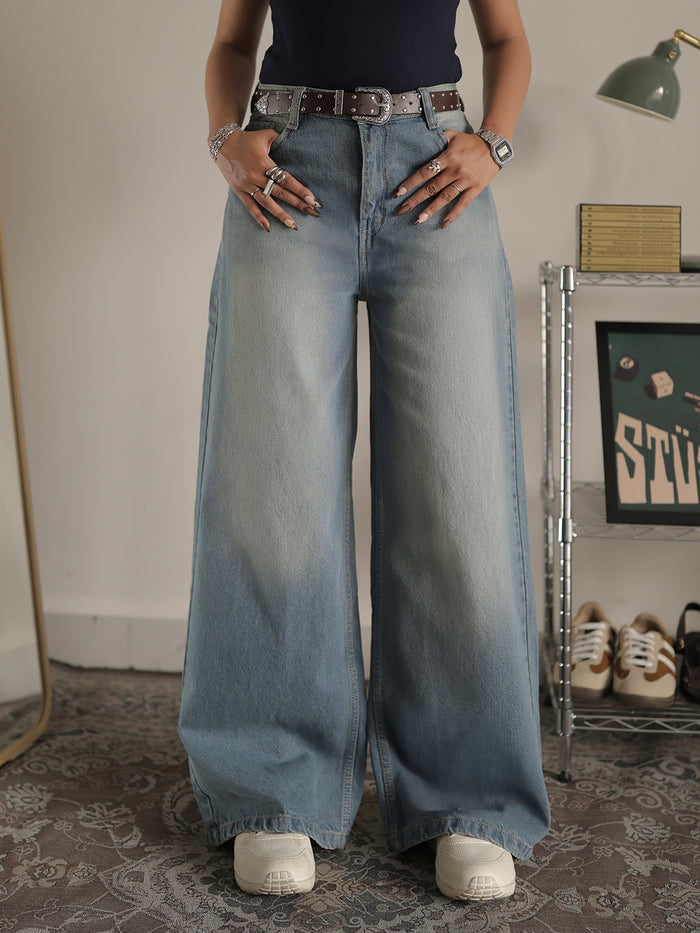 Soft Blue Washed Wide Leg Jeans