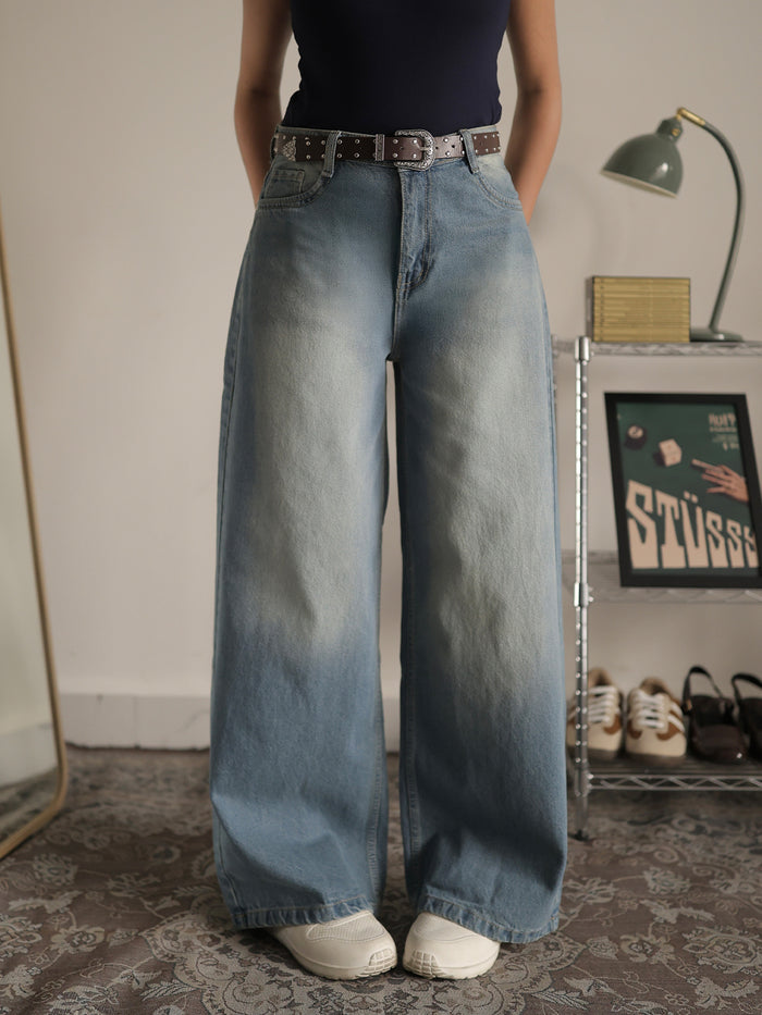 Soft Blue Washed Wide Leg Jeans