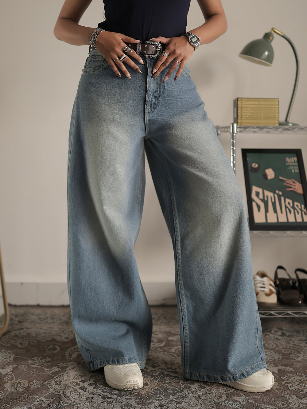 Soft Blue Washed Wide Leg Jeans